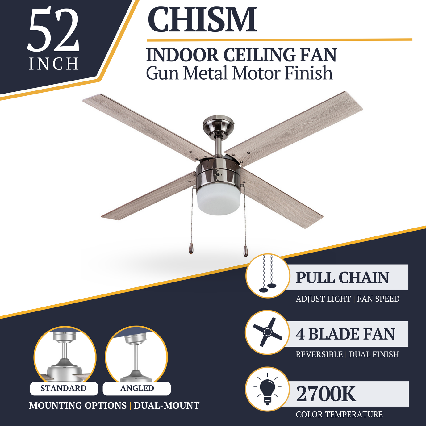 52 Inch Chism, Gun Metal, Pull Chain, Ceiling Fan – Prominence Home