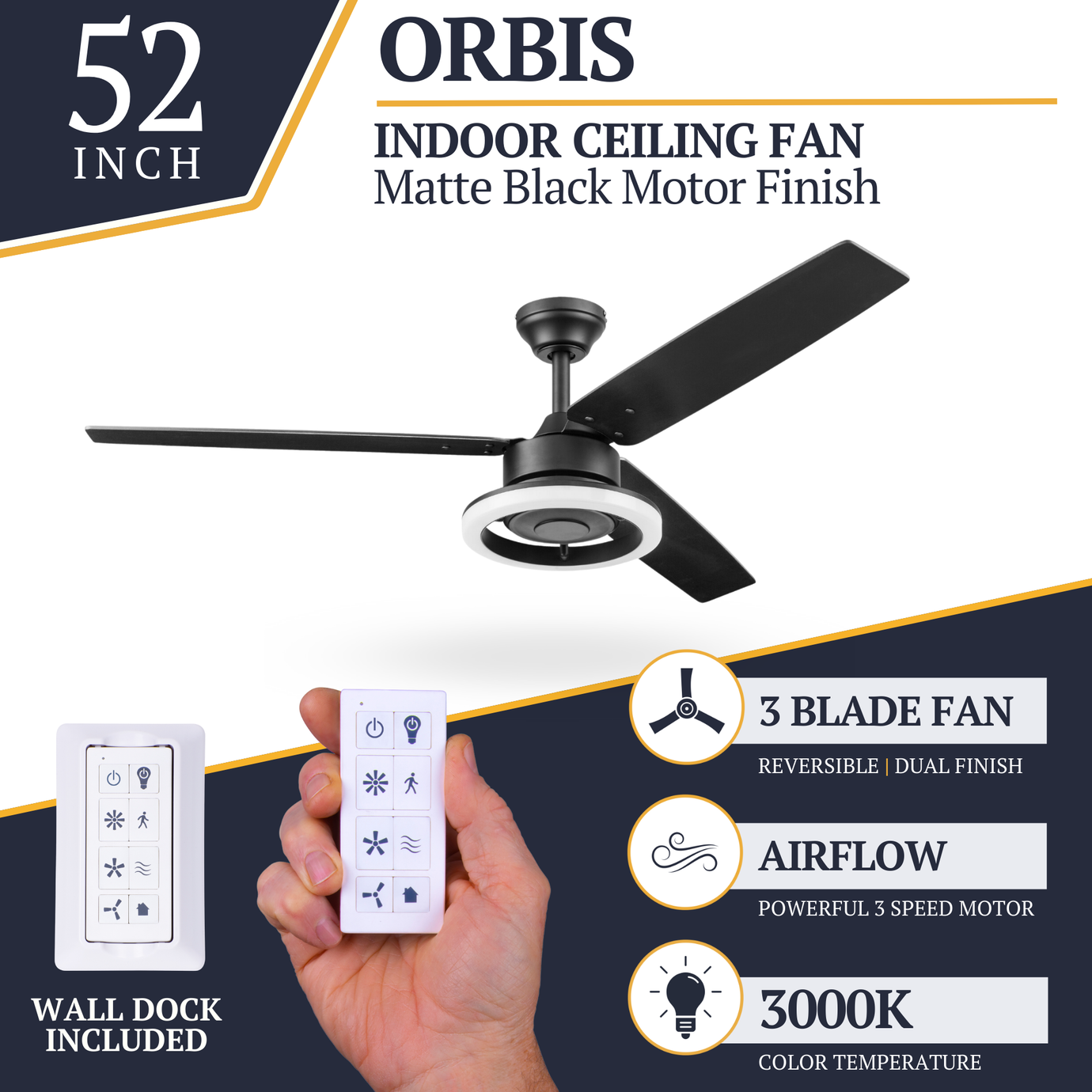 52 Inch Orbis, Matte Black, Remote Control, Ceiling Fan – Prominence Home